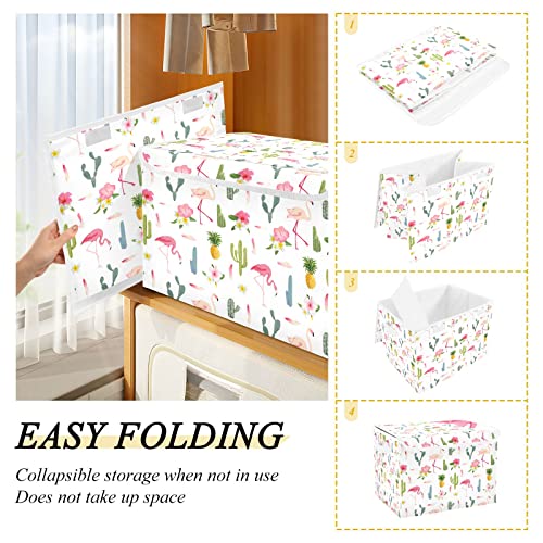 innewgogo Tropical Flamingo Cactus Storage Bins with Lids for Organizing Large Collapsible Storage Bins with Handles Oxford Cloth Storage Cube Box for Home
