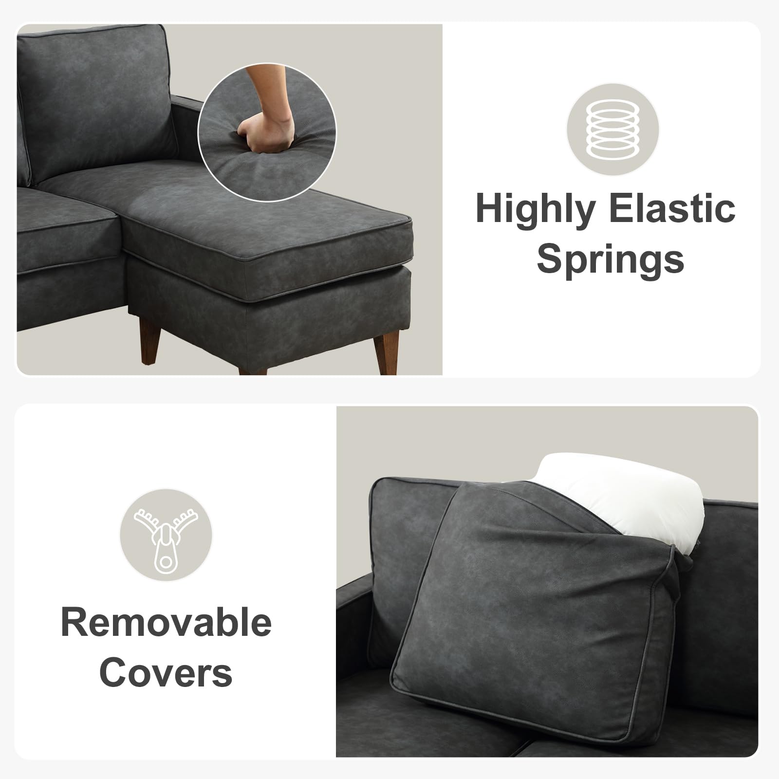 HAOMARKETS Sectional Couches for Living Room, L Shaped Couch with Solid Wood Feet, Faux Leather 3 Seats Sofa with Reversible Chaise for Apartment Small Spaces, Brown