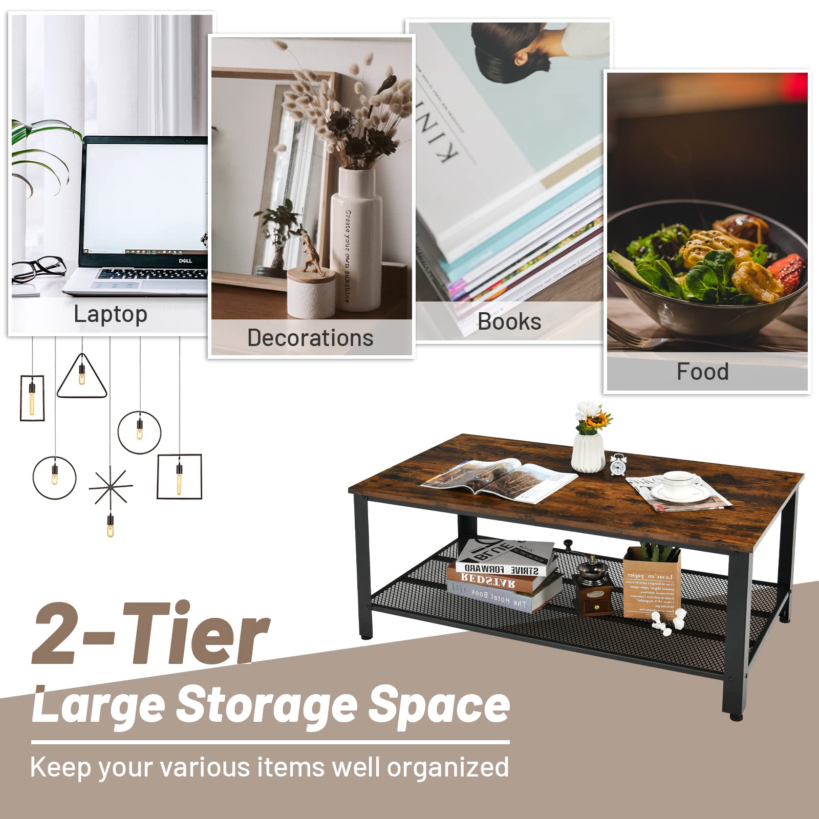 COSTWAY Industrial Coffee Table with Storage Shelf, 2-Tier Vintage Central Entertainment Console Table, Retro Accent Cocktail Tea Table for Living Room Office, Easy Assembly (Rustic Brown)