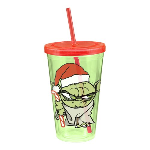 Vandor 9114 Star Wars Yoda Holiday 18 oz Acrylic Travel Cup with Lid and Straw, Green, Red, and White