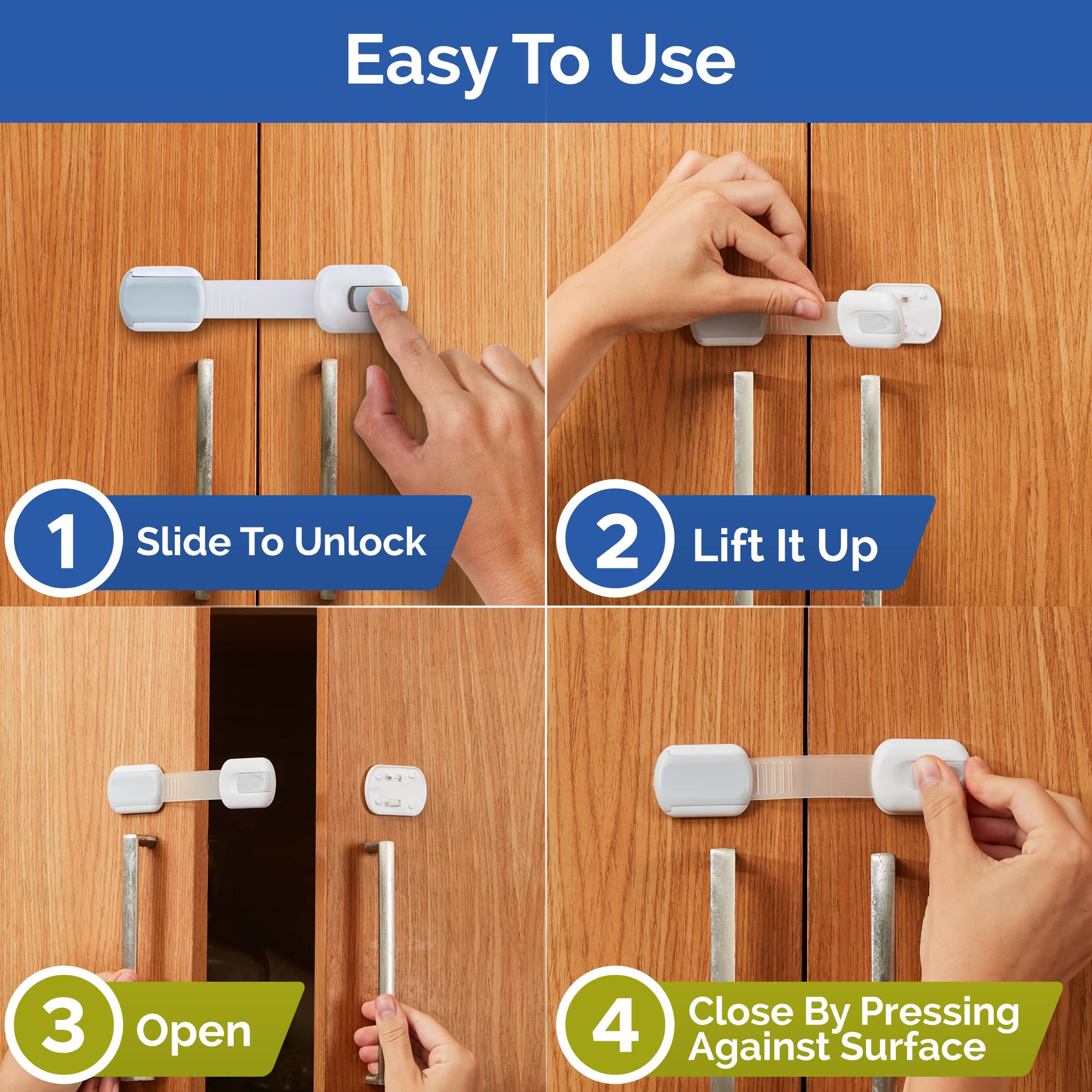 Child Safety Strap Locks (4-Pack) Baby Locks for Cabinets and Drawers, Toilet, Fridge & More. 3M Adhesive Pads. Easy Installation. (White)