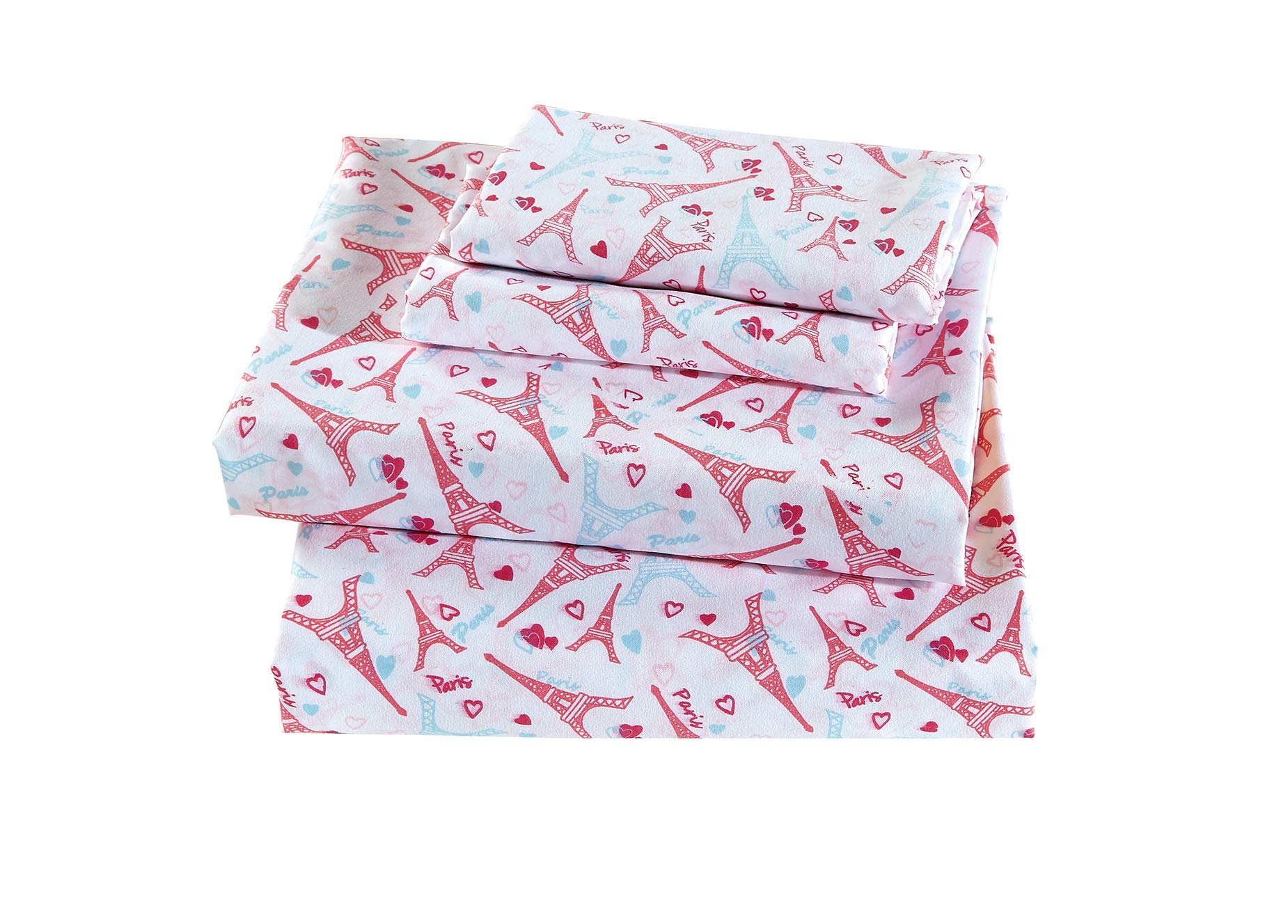 Linen Plus Sheet Set for Girls/Teens Eiffel Tower Paris Hot Pink Light Blue White Flat Sheet Fitted Sheet and Pillow Case Twin Size New