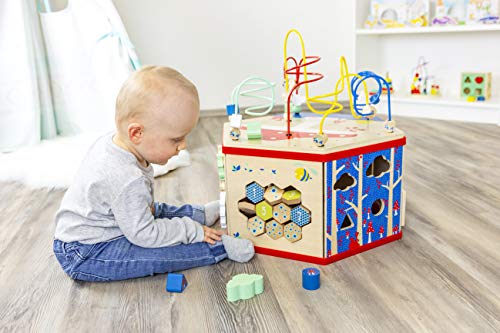Wooden Activity Cube XL Size by Small Foot โ Classic 7-Sided Interactive Toy with Bead Maze, Puzzle, Shape Sorter, Clock & Wheels - Develops Kids Dexterity, Motor Skills โ Age 12+ months