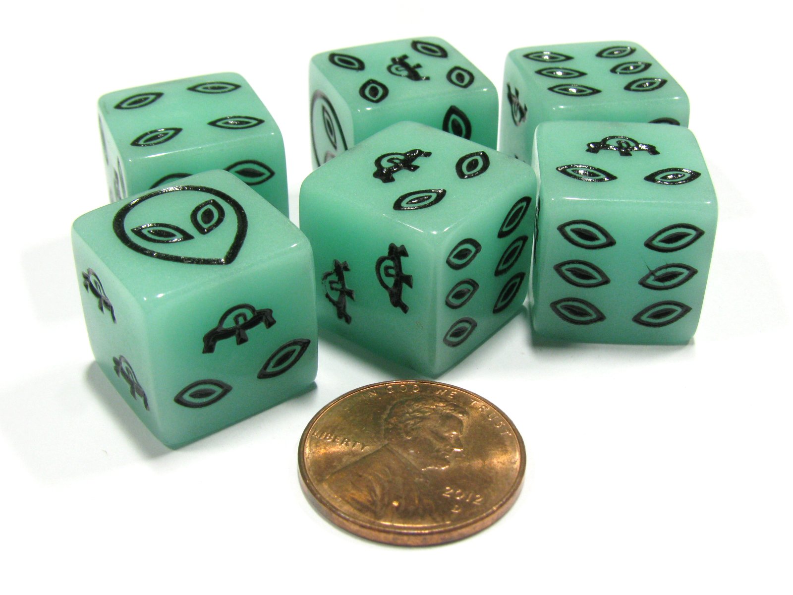 Set of 6 Alien UFO 16mm D6 Koplow Games Dice - Green with Black Etches