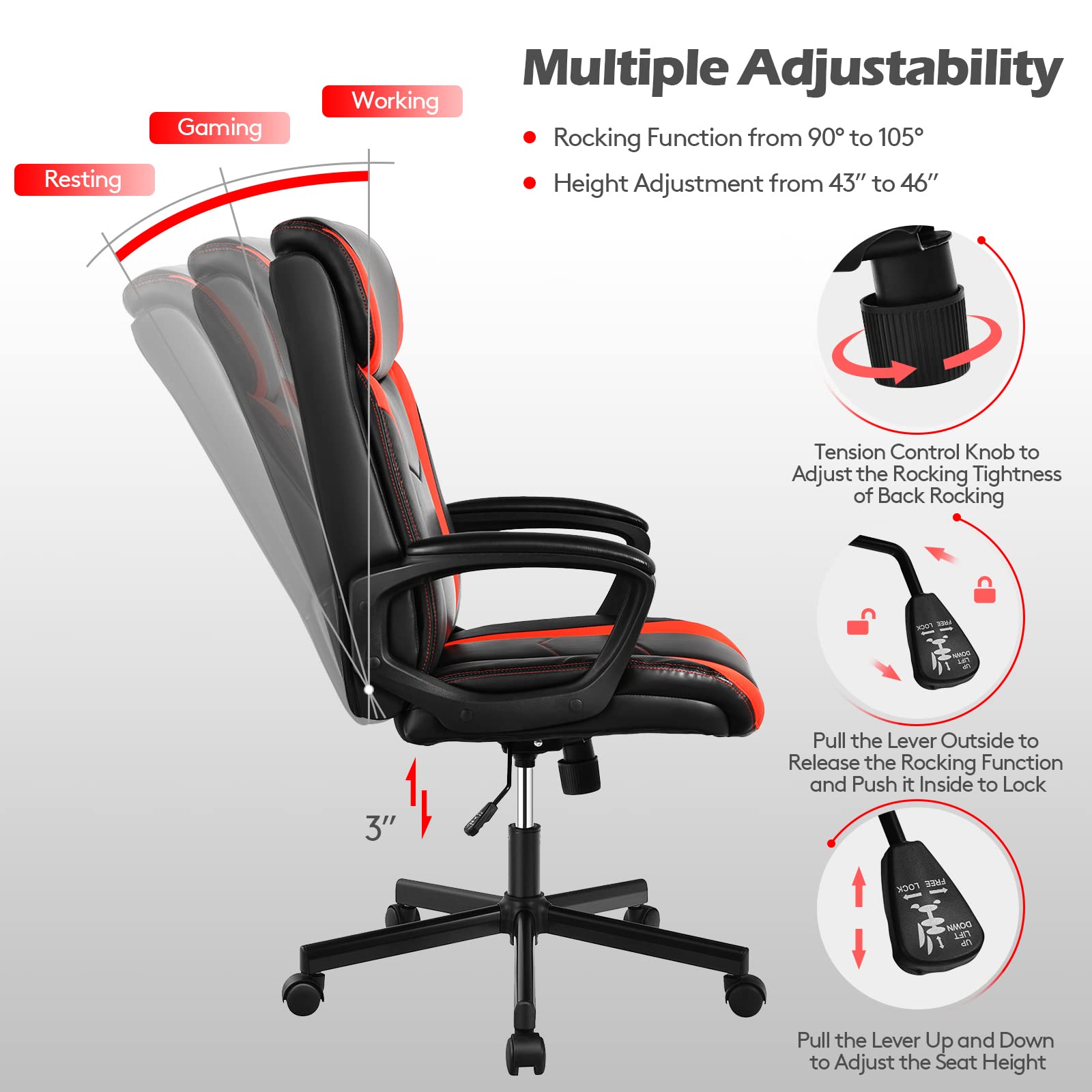 COSTWAY PU Leather Office Chair, Racing Style High Back Swivel Chair with Height Adjustable, Padded Headrest and Armrests, Ergonomic Computer Desk Executive Chair for Working Studying Gaming (Red)