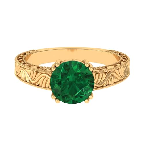 Certified Lab Grown Emerald Vintage Inspired Engagement Ring for Women, Aaaa Quality - With Jewelry Box, 14K Yellow Gold, Size:US 7.50