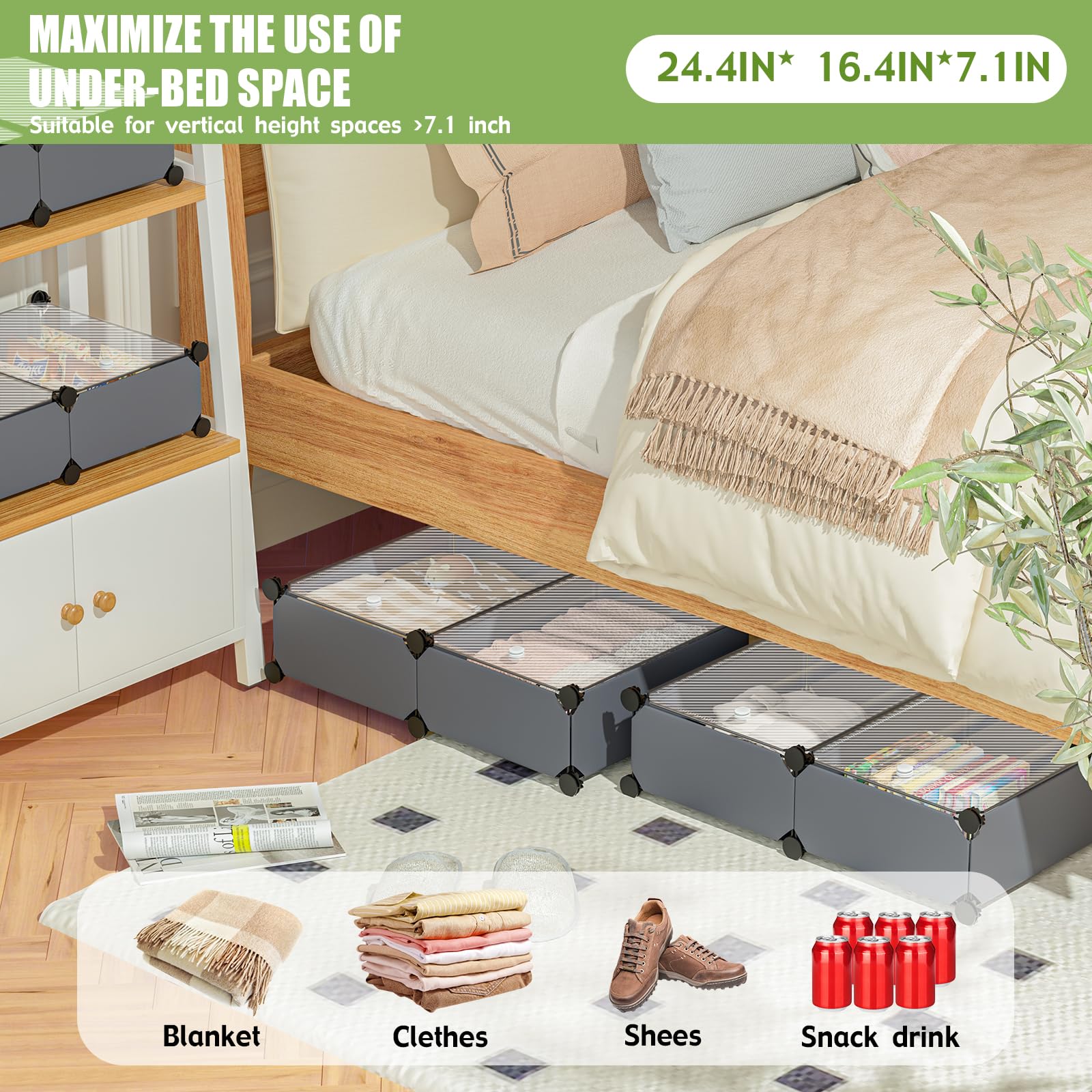 EE-RoomWorld Shoe Storage Organizers,7 inches height plastic metal under bed Shoe Storage,4 pairs shoe under bed storage containers,under bed Organizer with clear lids for shoe boot dorm storage