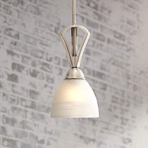 Possini Euro Design Milbury Satin Nickel Silver Mini Pendant Light 6" Wide Modern White Alabaster Glass Shade Fixture for Dining Room House Entryway Bedroom Kitchen Island Hallway High Ceilings