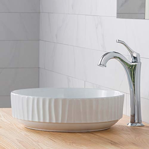 KRAUS Viva™ Round White Porcelain Ceramic Vessel Bathroom Sink with Pop-Up Drain, 15 3/4 in. D x 4 3/4 in. H, KCV-201GWH