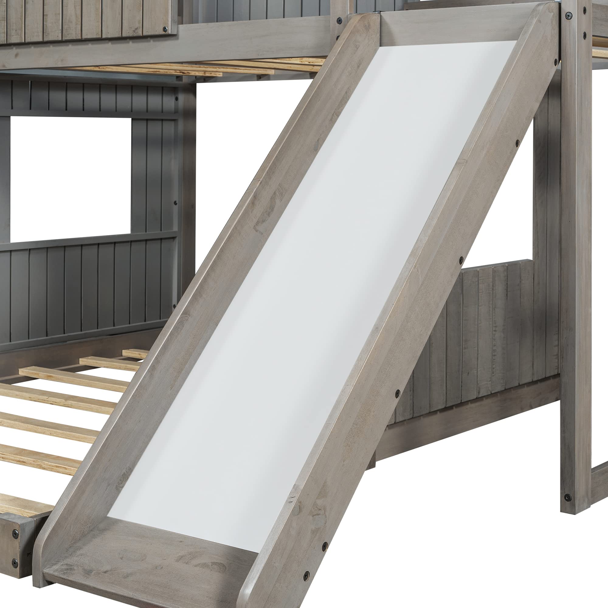 Harper & Bright Designs Twin Over Full Bunk Bed Frame, Solid Wood House Bunk Bed with Roof, Window, Guardrail and Ladder,Floor Bunk Beds Twin Over Full Size for Kids, Teens, Boys & Girls (White)