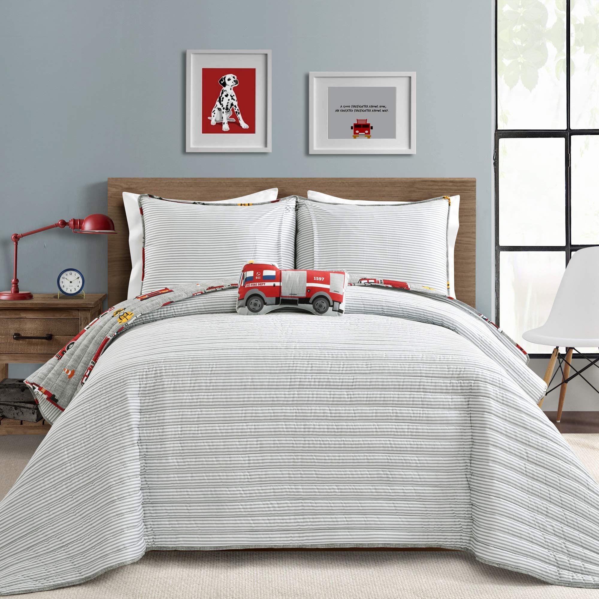Lush Decor Fire Truck Quilt 4 Piece Set, Full/ Queen, Red & Gray - Reversible Stripe Print Bedding Set for Kids Room