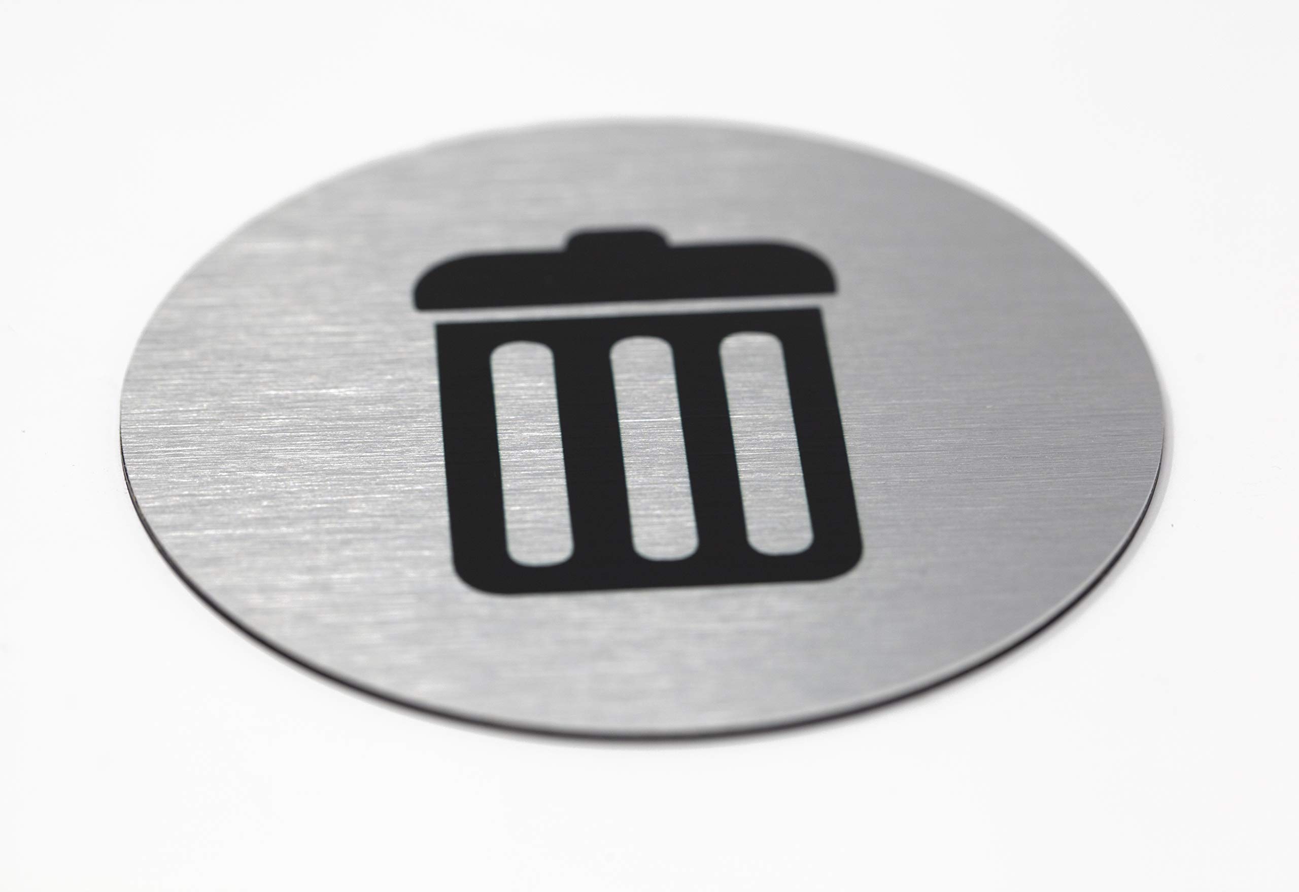 Metal Trash Signs | 3" Garbage Bin Marker | Metal Sign for Waste Basket | Brushed Silver Aluminum Sign with Black Trash Symbol | Ready to Hang | Made in USA