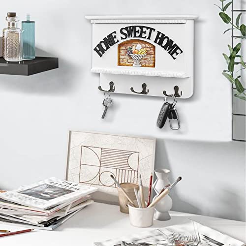 HRONRAD Farmhouse Key Holder for Wall Decorative, Home Sweet Home Decor, 3 Double Metal Key Hooks and 4 Hidden Push & Pull Cover Key Hangers, Rustic Wooden Wall Mounted Key Racks for Entryway (White)
