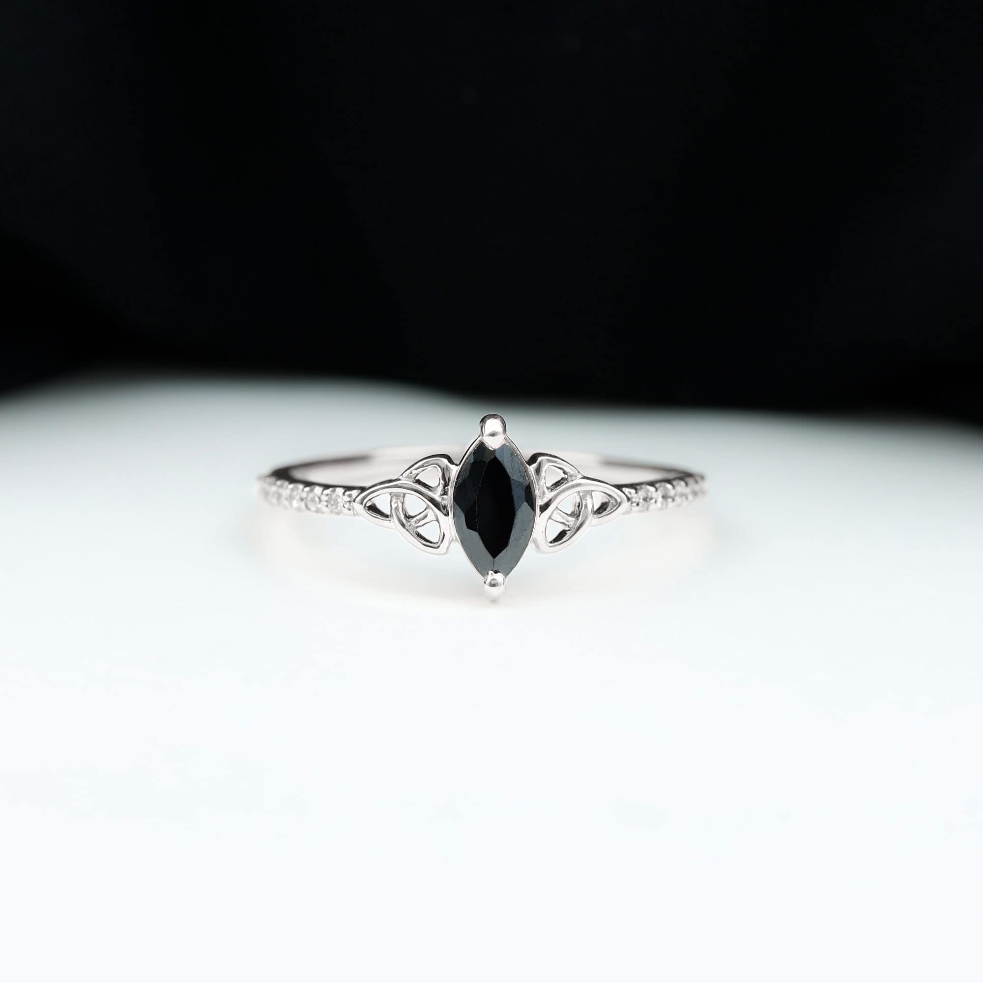 Certified Onyx Celtic Knot Ring with Diamond, Natural 4X8 mm Marquise Shape Black Onyx Celtic Design Ring For Women, Aaa Quality, 14K White Gold, Size:US 7.50