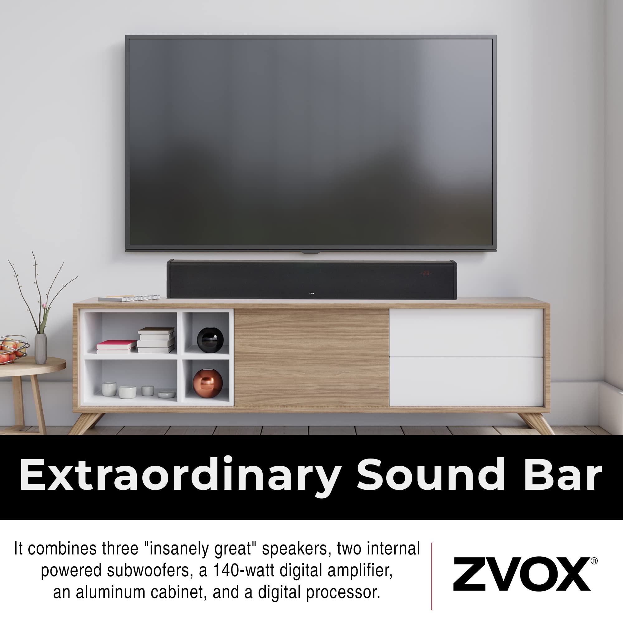 ZVOX SB500 Soundbar for TV, Home Speaker Bar Works with 50" to 90" TVs, Soundbar with Subwoofer Built-in, 6 Modes AccuVoice Dialogue Boost, Multi-Zone Audio and Hearing Technology