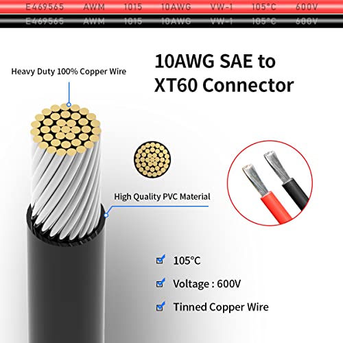 ELFCULB 10AWG 2FT SAE to XT60 Connector Extension Cable with SAE Polarity Reverse Adapter for Solar Generator Portable Power Station Solar Panel