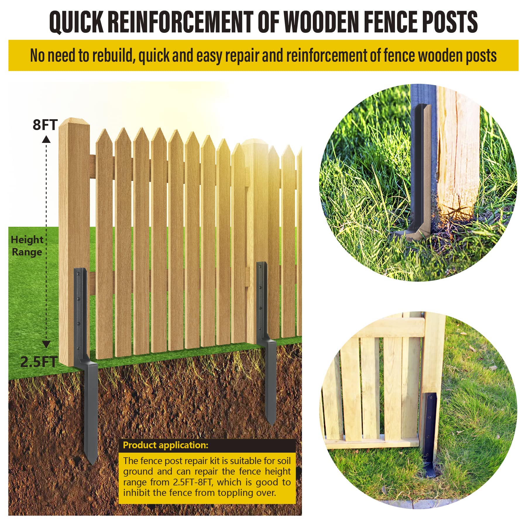 Epcee Heavy Duty Steel Fence Post Repair Stakes, Fence Post Anchor Ground Spike, for Repair Tilted/Broken Wood Fence Post (4 Pack/Black)