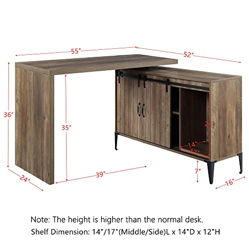 L Shaped Desk w/USB 360° Rotating Rustic Home Office Computer Desk Large Writing Gaming Table Workstation with Storage File Cabinet, Oak Finish, 55" L x 52" W x 36" H