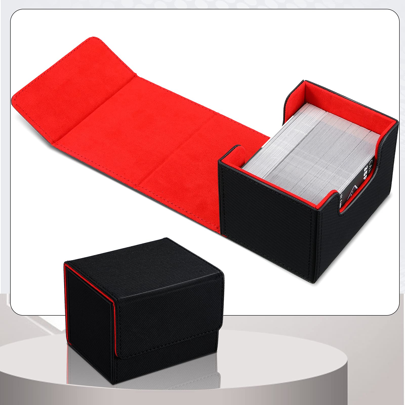 Weewooday 2 Boxes Leather Deck Card Boxes Large Size Fit 100 Plus Sleeved Cards Deck Game Box for Collectible Cards Deck Playing Card Box Compatible with MTG TCG (Black Red, Red, Horizontal)