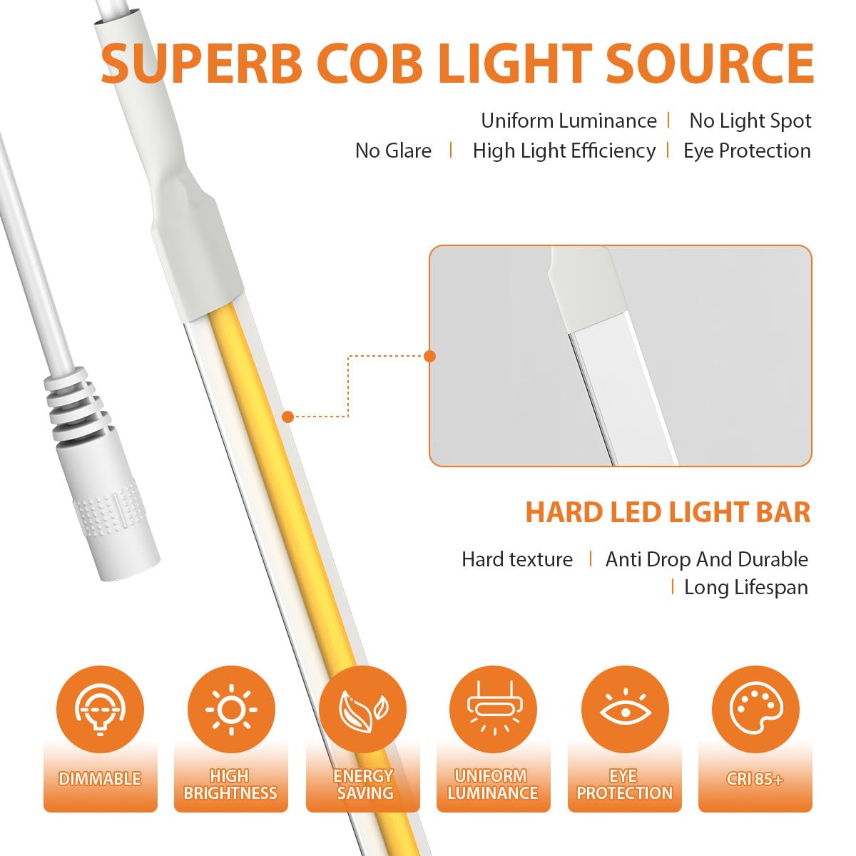 CNSUNWAY Under Cabinet Lighting, 6 PCS Rigid COB LED Strip Lights, 3000K Warm White, 3600LM, 85+ High CRI, No Glare, Eye Protection, Dimmable Cabinet Lights for Counter, Shelf, Bookcase