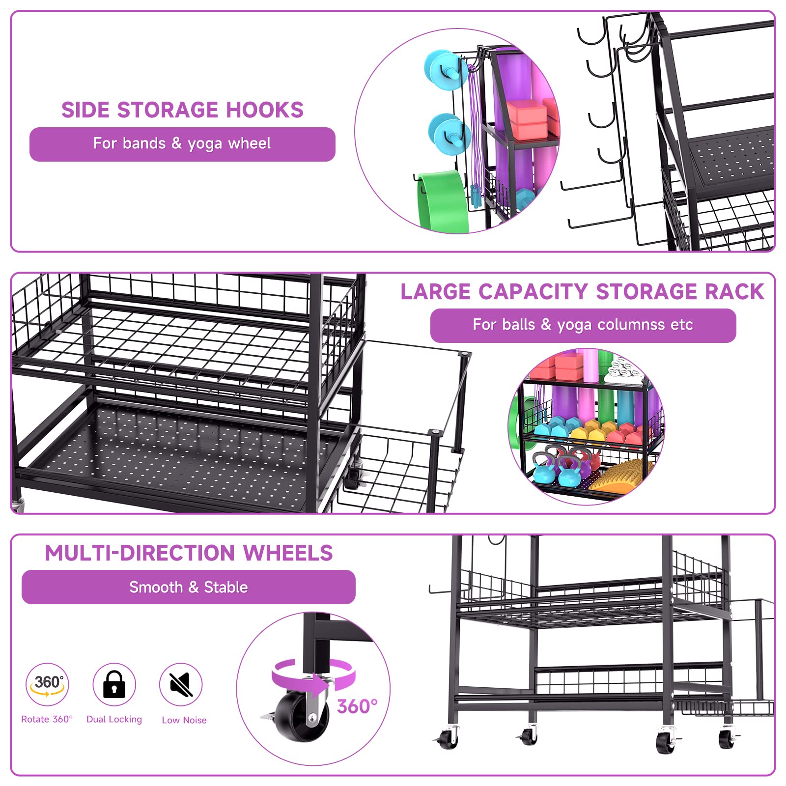 Dumbbell Rack-Yoga Mat Racks with Wheels and Hooks-Weight Rack for Dumbbells-Home Gym Storage Rack for Dumbbells Kettlebells Foam Roller, Yoga Strap, Resistance Bands & Strength Training Equipment