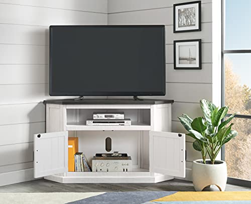 Martin Svensson Home Rustic Solid Wood Corner TV Stand, White Stain with Grey Stain Top