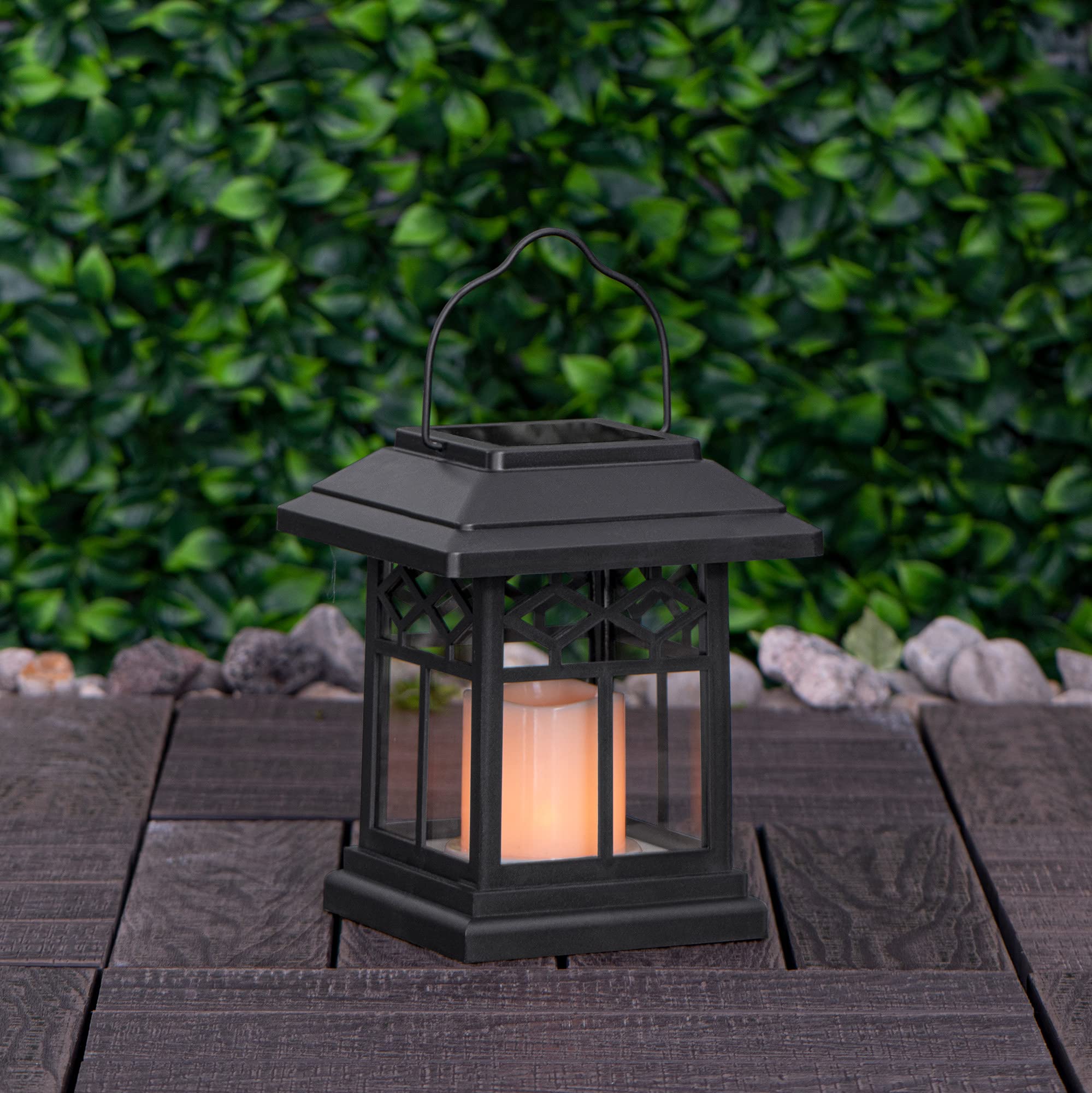 Sterno Home GL44258 Hanging Solar LED Light Flameless Candle Lantern, 6.5", Black