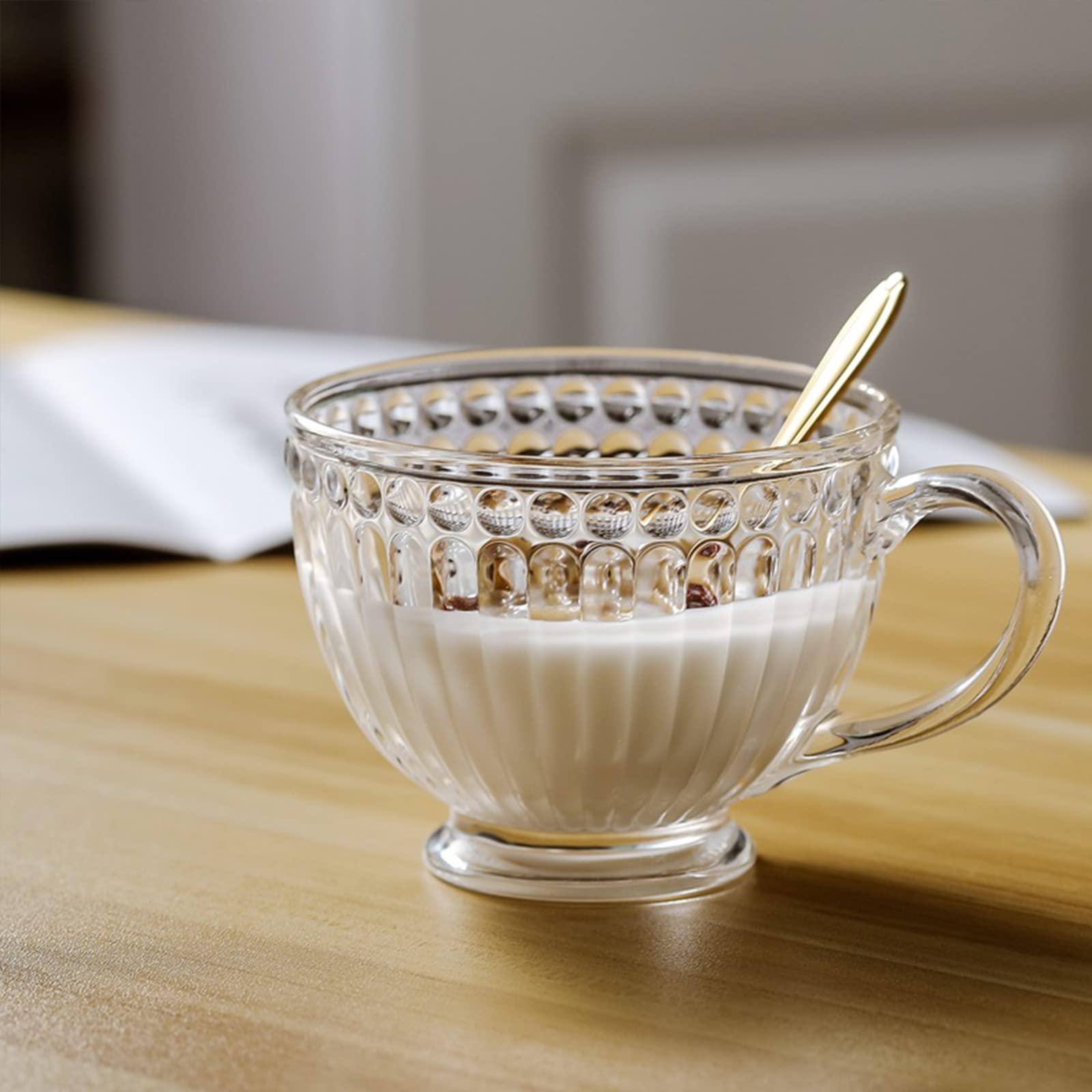 Dicunoy Set of 4 Glass Cappuccino Mugs with Spoons, 14 OZ Jumbo Tea Cups with Handle, Thick Vintage Wide Mouth Large Coffee Mugs for Cocoa, Milk, Water, Cereal, Ice Cream