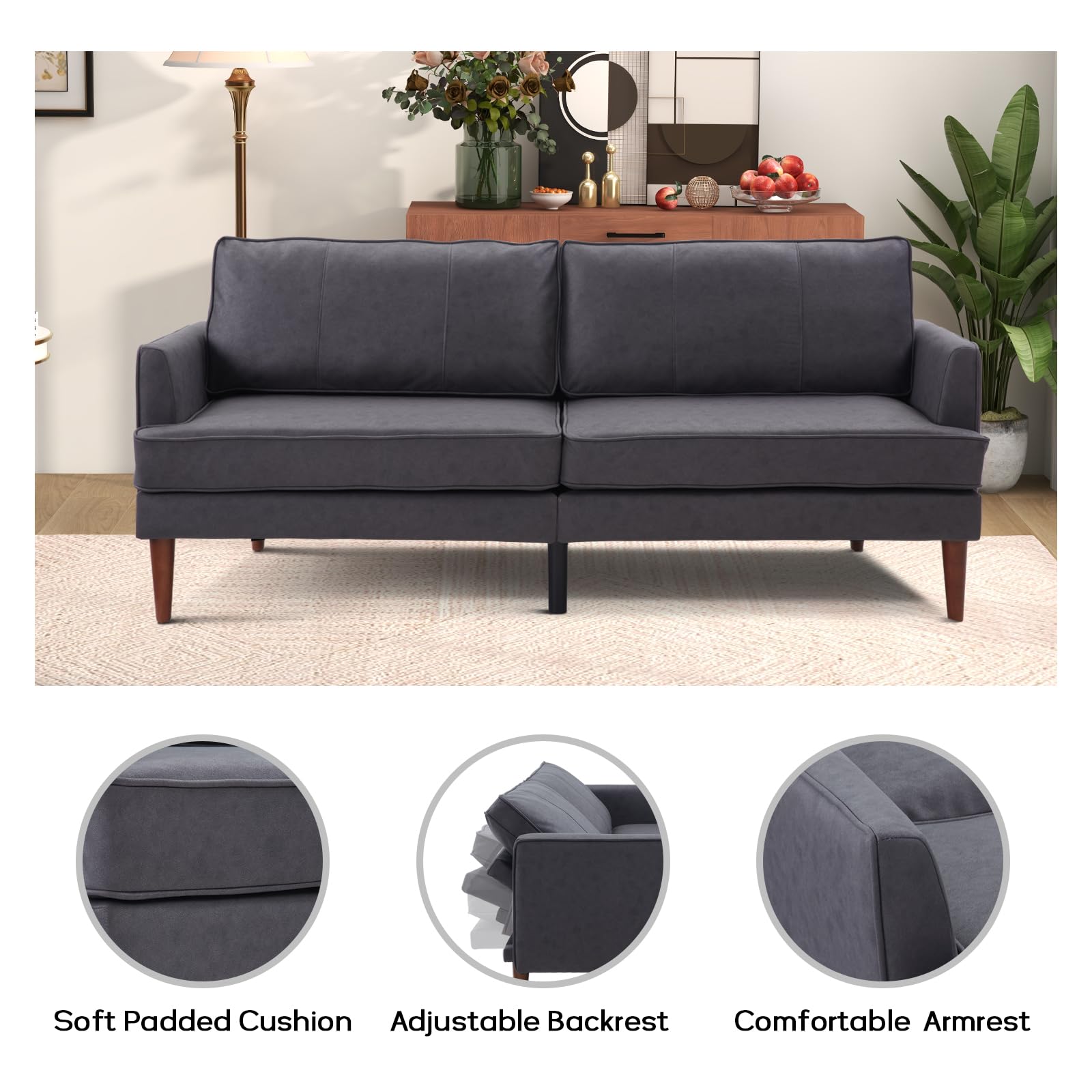 EBELLO Sofa Bed, Faux Leather Sleeper Sofa with Soft Padded Seat and Wood Frame, Convertible Futon Couch for Living Room, Grey