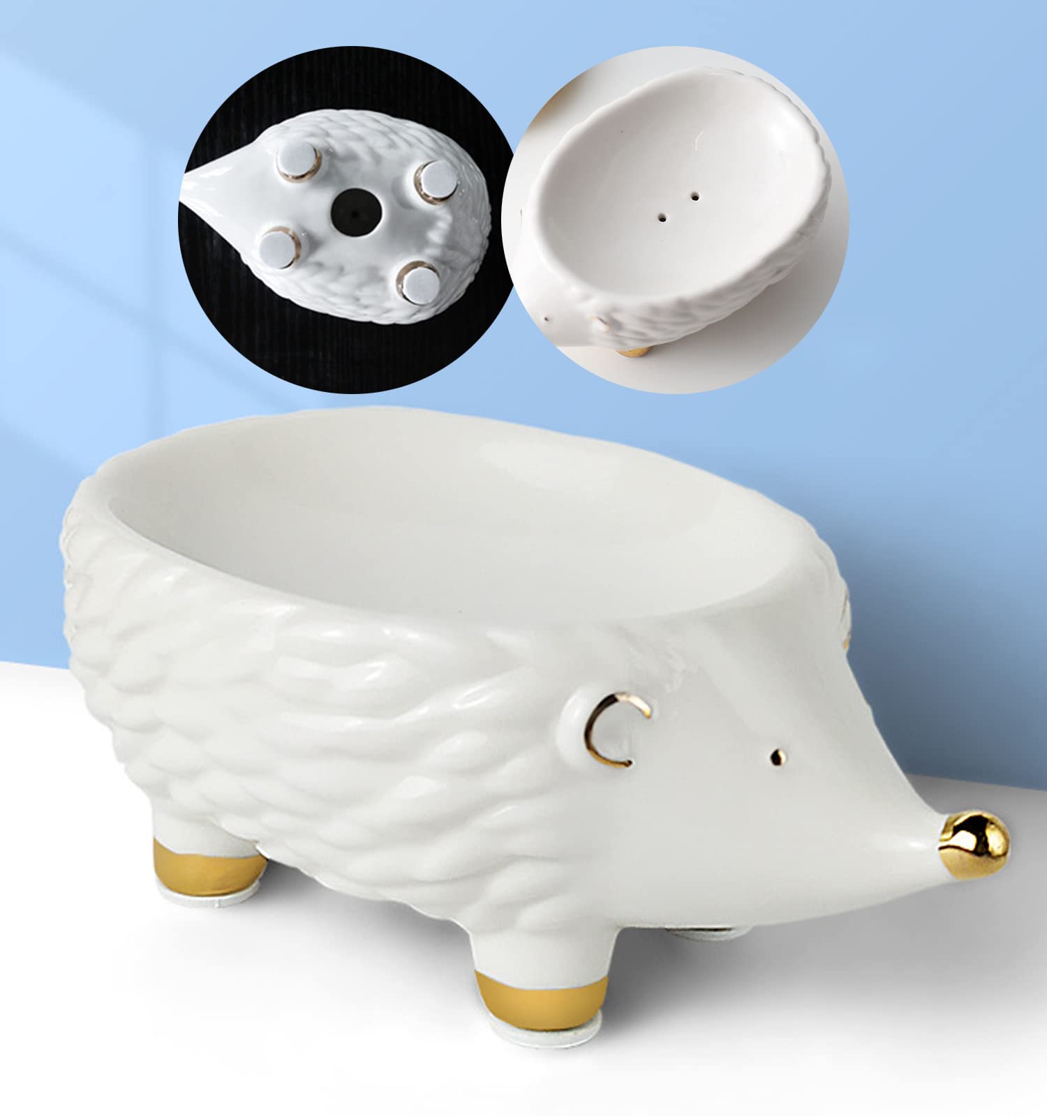 Ceramic Soap Dish with Drain, Hedgehog Toilet Soap Box, Ceramic Jewelry Tray, Funny Soap Storage Container for Shower Bathroom Kitchen Bathtub,White