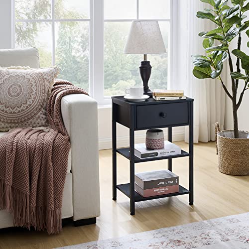 Hoctieon Nightstand, Nightstand with Drawer, Small Bedside Table, End Table with Drawer, Small Nightstand, Industrial Nightstand, Easy Assenbly, for Bedroom, Living Room, Office, Wood, Black