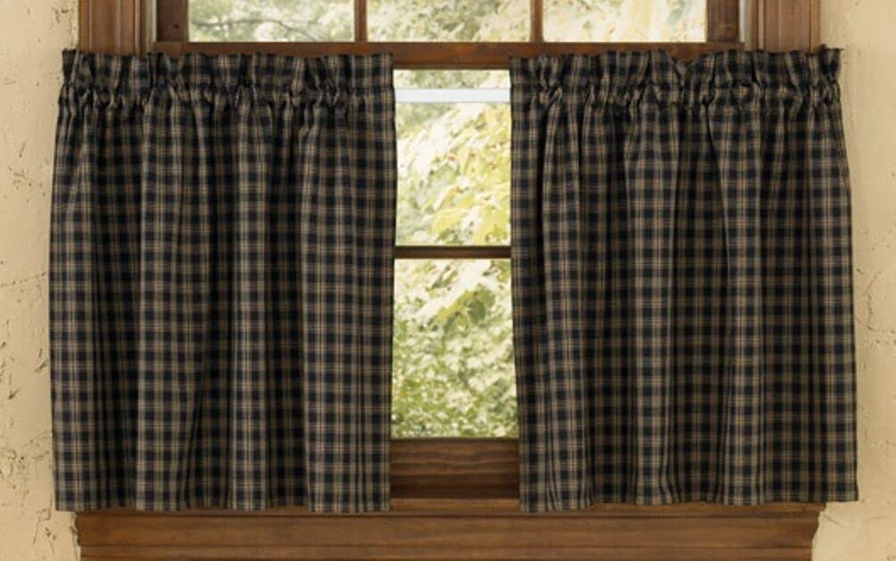 Sturbridge Tier Curtains Black Tan Plaid Country Farmhouse Window 72WX36L Home and Garden