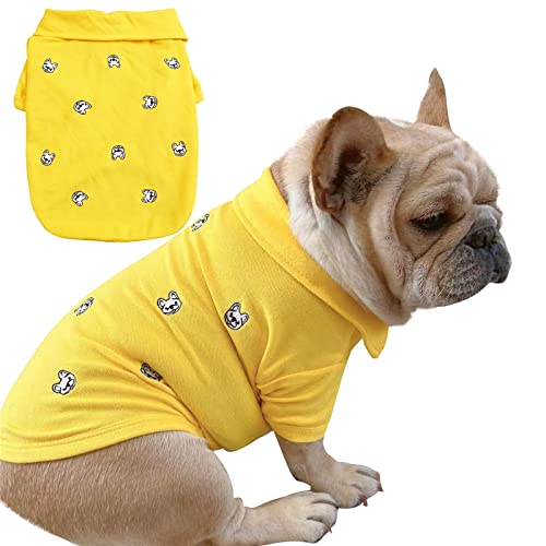 French Bulldog Embroidery Cotton Dog Shirts Pet Puppy T-Shirt Clothes Outfit Apparel Coats Tops… (Yellow, Medium)