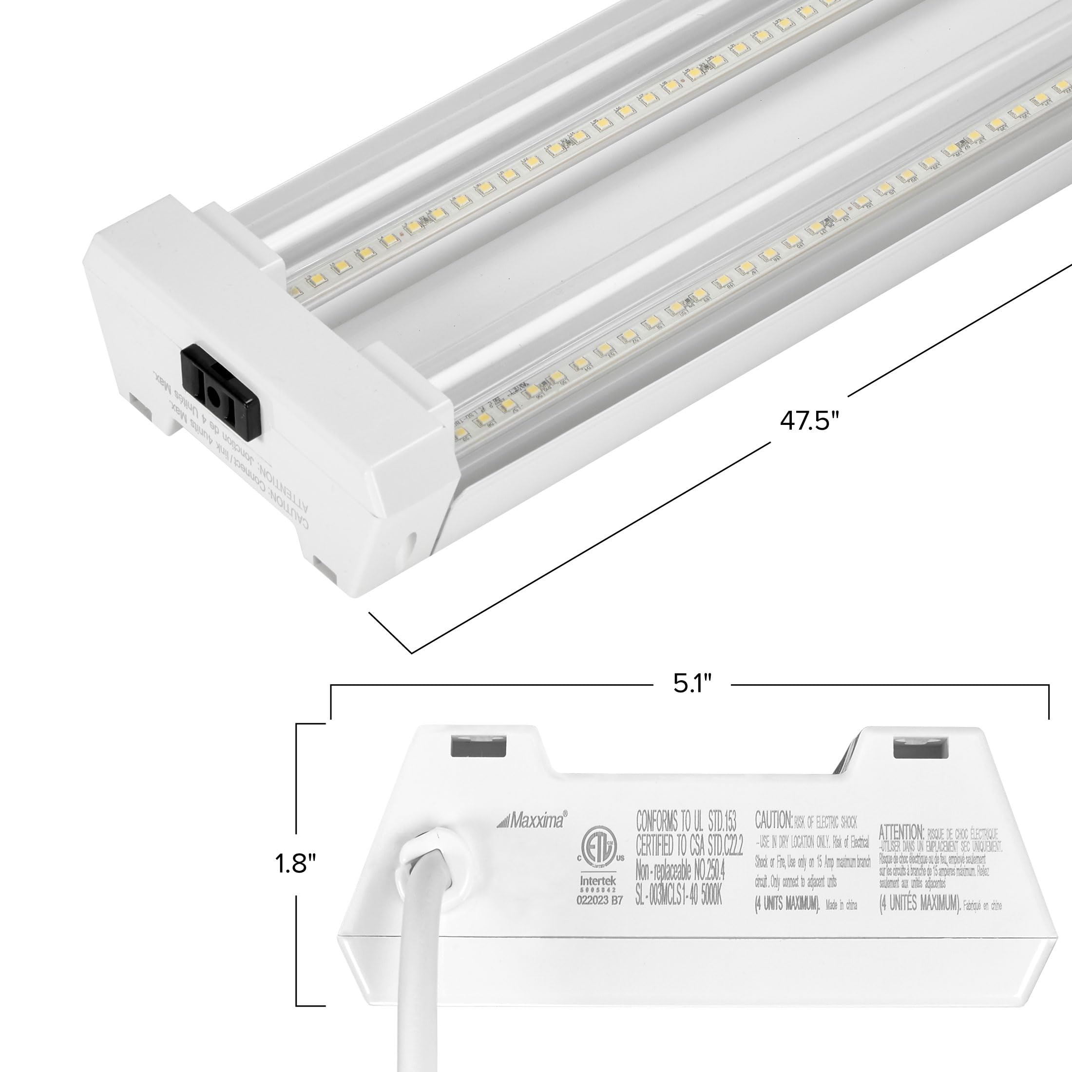 Maxxima 4 ft. Utility LED Shop Light Fixture, 40W, Linkable, Clear Lens 5000K Daylight 4800 Lumens Plug in Pull Chain LED Garage Light Energy Star