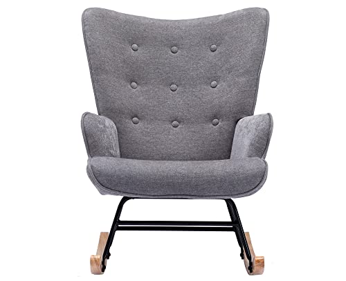 VESCASA Linen Rocking Chair with Tufted Wingback,23.5" Wide Midcentury Modern Indoor Glider Rocker with Arms for Nursery/Reading/Living Room/Bedroom, Grey