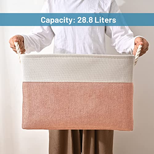 HOdo Home Fabric Storage Bin with Drawstring Closure and 2 Bold Handles, Collapsible Large Canvas Storage Baskets for Organizing Shelf Nursery Home Closet (White&Pink, 15.8L×11.8W×9.5H - 3Pack)
