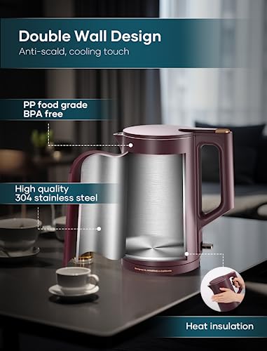 INTASTING Electric Kettle for boiling water Double Wall 100% Stainless Steel Inner 1500W Fast Heating 1.5L Hot Water Boiler Auto Shut-Off & Boil Dry Protection BPA-Free Electric Tea Kettle Red