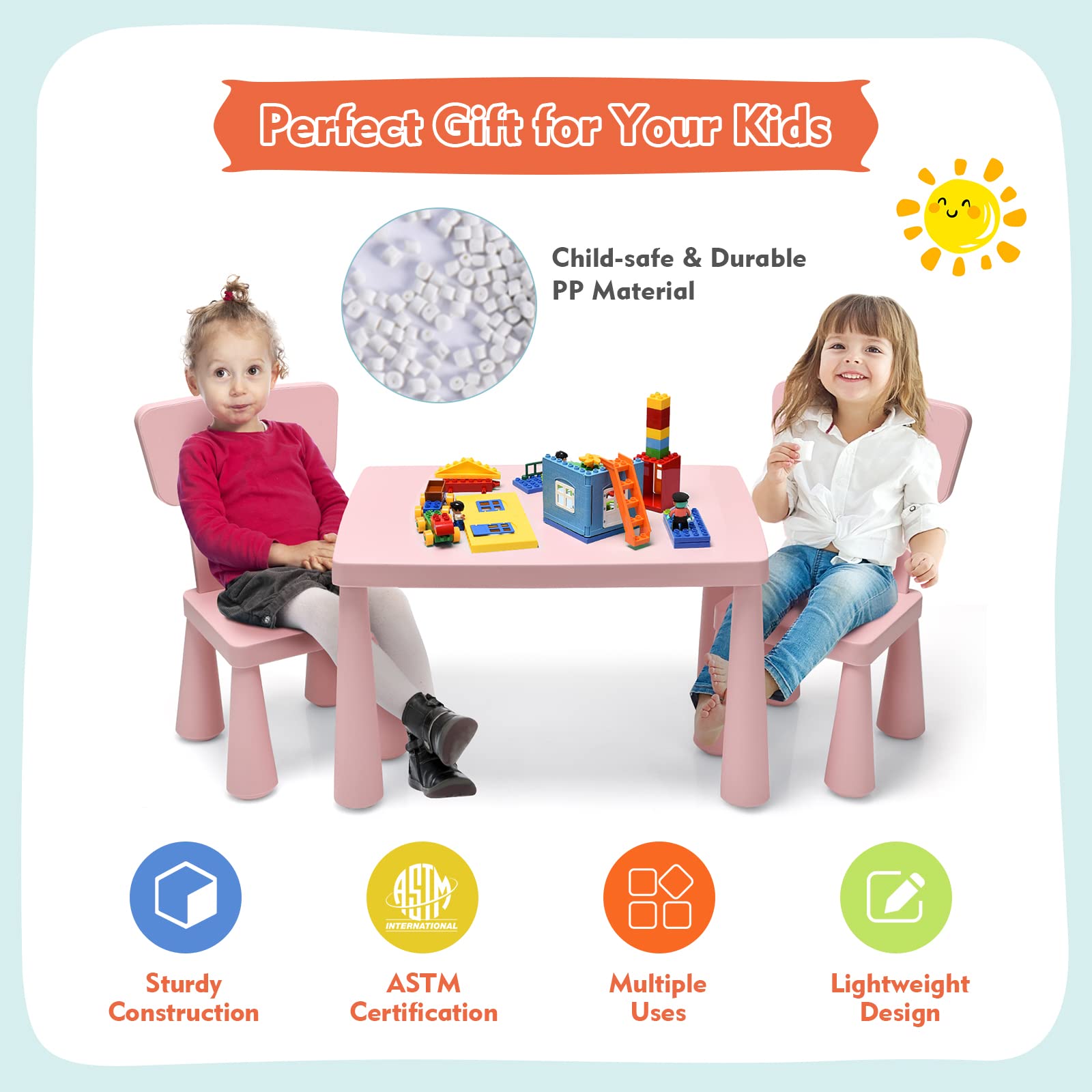 COSTWAY 3-Piece Kids Table and Chairs Set, Lightweight Plastic Children Activity Center for Reading, Writing, Painting, Snack Time, Kids Furniture Art Study Desk & Chairs Set for Ages 1-7 (Pink)