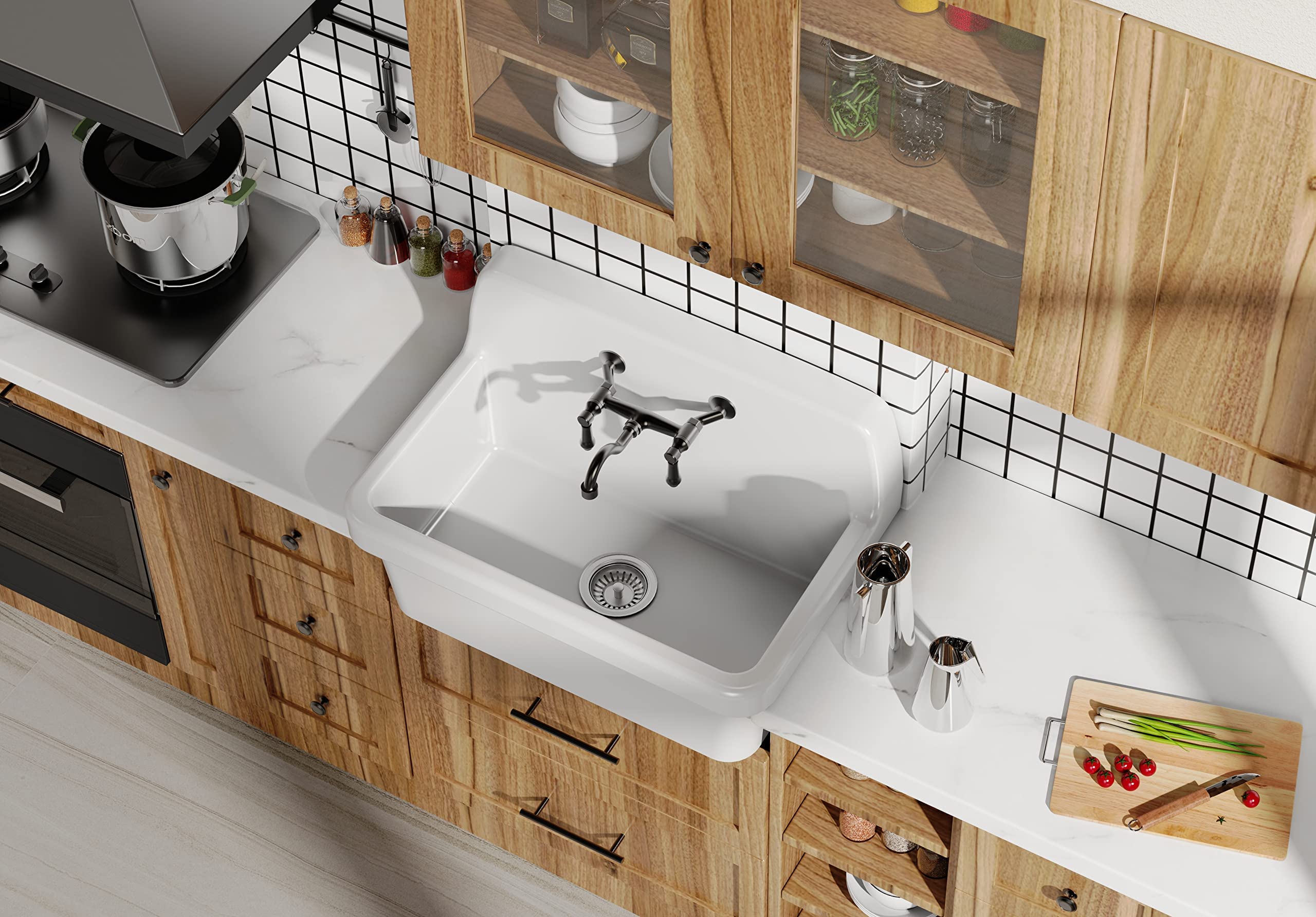ELLAI 30 Inch White Wall Mount Utility Sink High Back Wall Mounted Ceramic Laundry Tub 15 Gallon Slop Sink for Laundry Room, Garage, Kitchen, Basement 30" x 19" x 18"