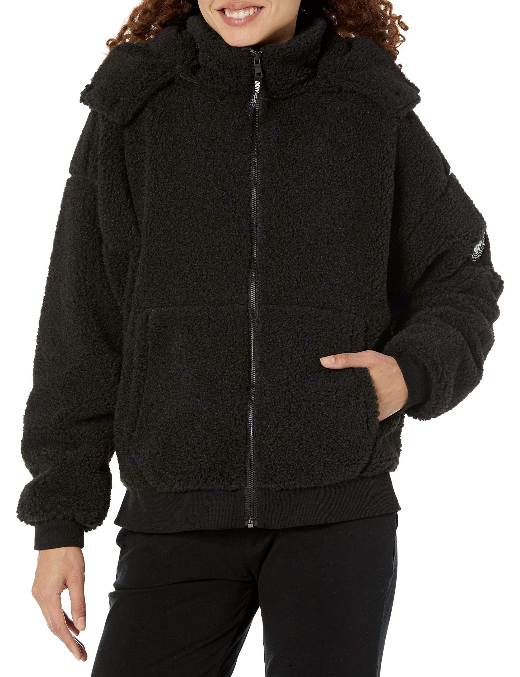 DKNY Women's Sport Hooded Roebling Fleece Jacket, Black, Large