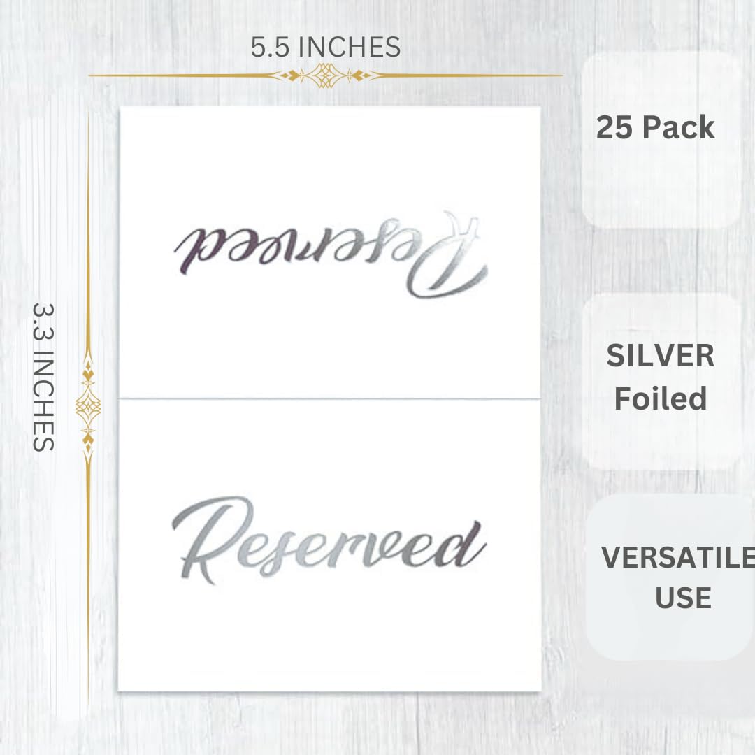Generic 25 Pack SILVER Reserved Table Cards for Wedding With SILVER Foiled Letters- Seating Signs for Chairs Church Pews Double Sided Signs Tent Reservation Cards Celebration Accessories""5.5 * 3