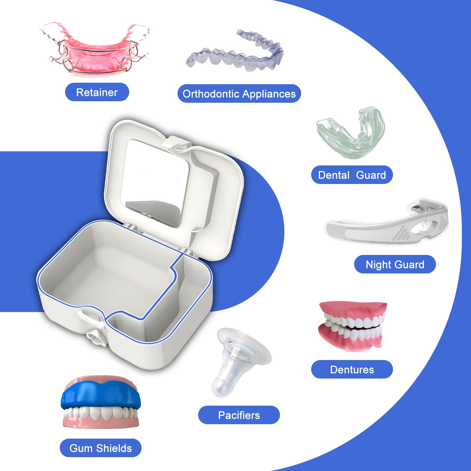 Denture Case,ROTATE COLOR Retainer Cleaner Case with Denture Cleaner Brush & Mirror,Mouth Guard,Night Guard & Retainers,Portable Traveling