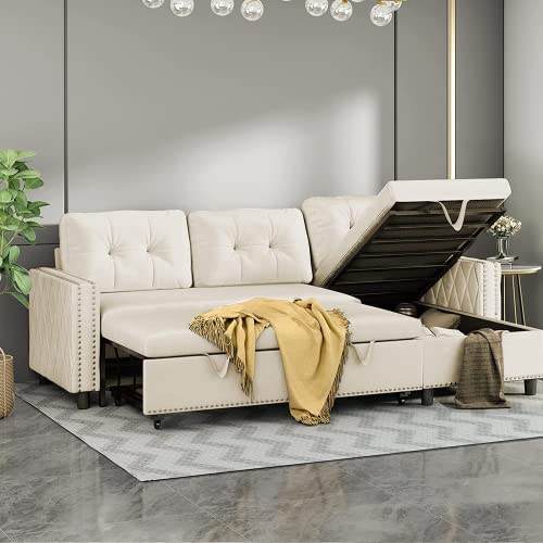 Mjkone Pull Out Sofa Bed, Sectional Sleeper Sofa with Storage, 3 Seat Couch with Chaise Lounge, Velvet Couch with Pull Out Bed, L Shaped Sectional Sofa Couches for Living Room Apartment, Beige