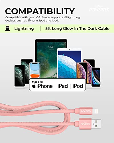 LIQUIPEL Powertek Glow MFi Certified Charger Compatible for Apple iPhone, iPad, 5ft Cable, Lightning to USB Cable Cord, Fast Charging Lightning Cable (Pink)