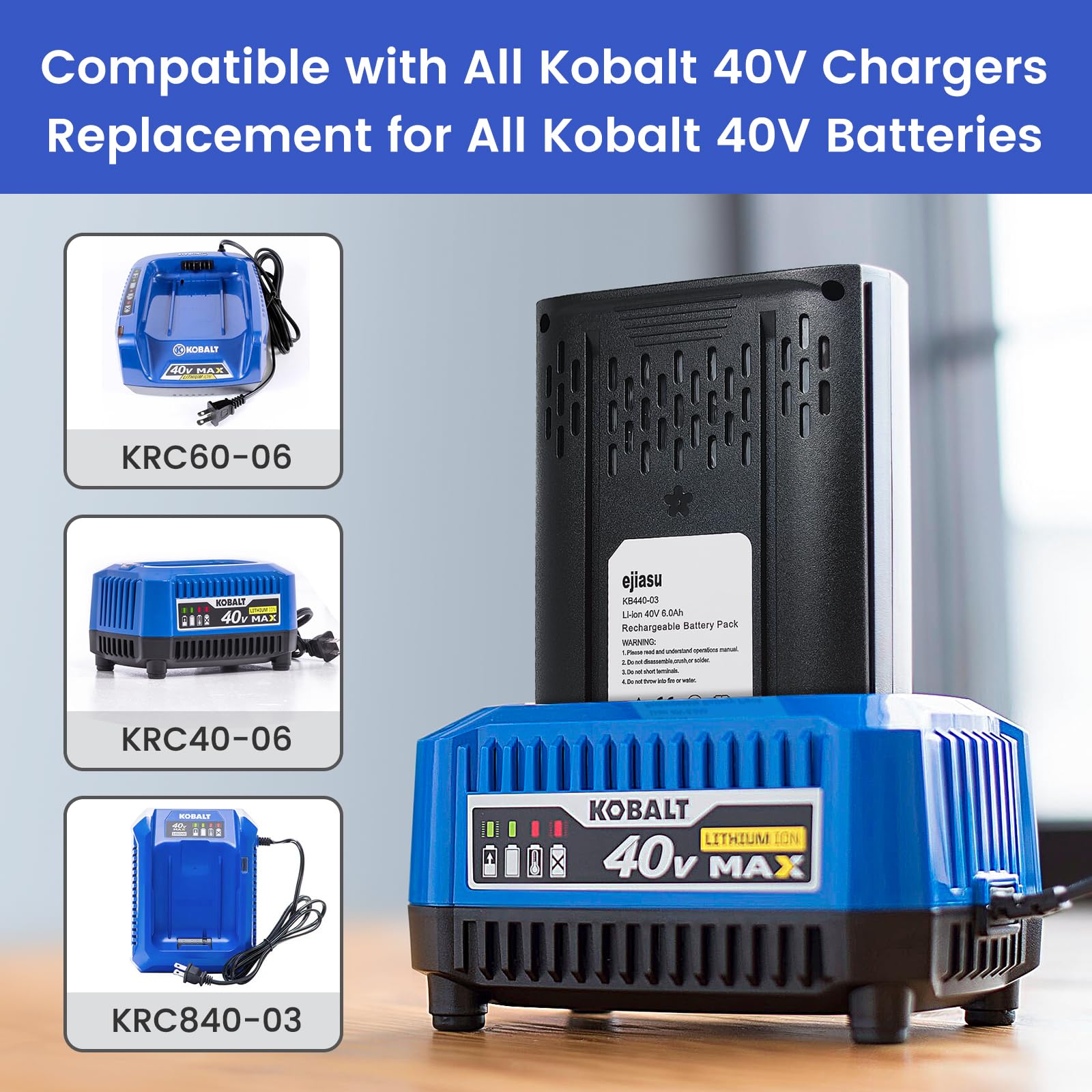 eJiasu Replacement for Kobalt 40V Battery: 6.0Ah Lithium ion Replace for 40 Volt Max Batteries KB-540-06 KB440-06β KB240-06 KB2540C-06 KB640-03 Cordless Power Tool Battery (Blue)