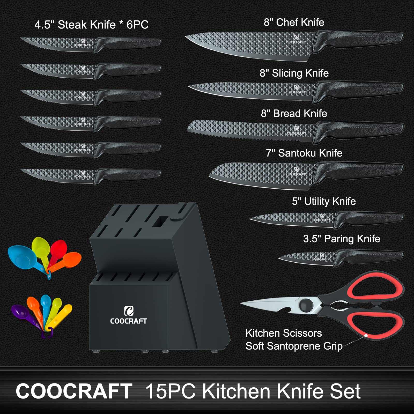 COOCRAFT Knife Set, Kitchen Knife Set Knife Sets for Kitchen with Block and Built-in Sharpener, 24PC Block Knife Set with 6 Steak Knives and 9 Measuring Spoons, Black