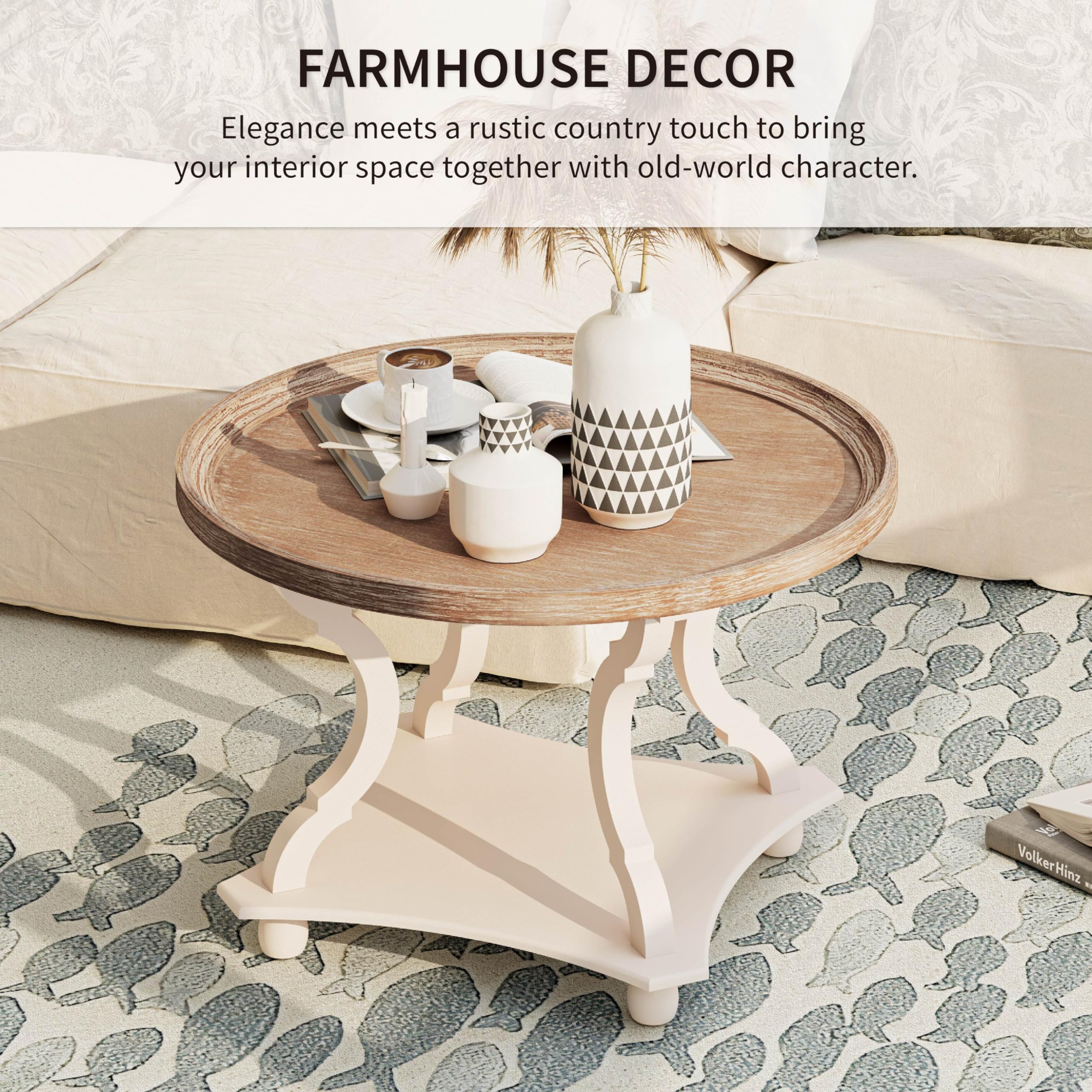 COZAYH Round Farmhouse Coffee Table with Handmade Finishes, Wood Tray Top Rustic Coffee Table for Added Thickness, Accent Table with Storage for Living,White 32βX32βX20β