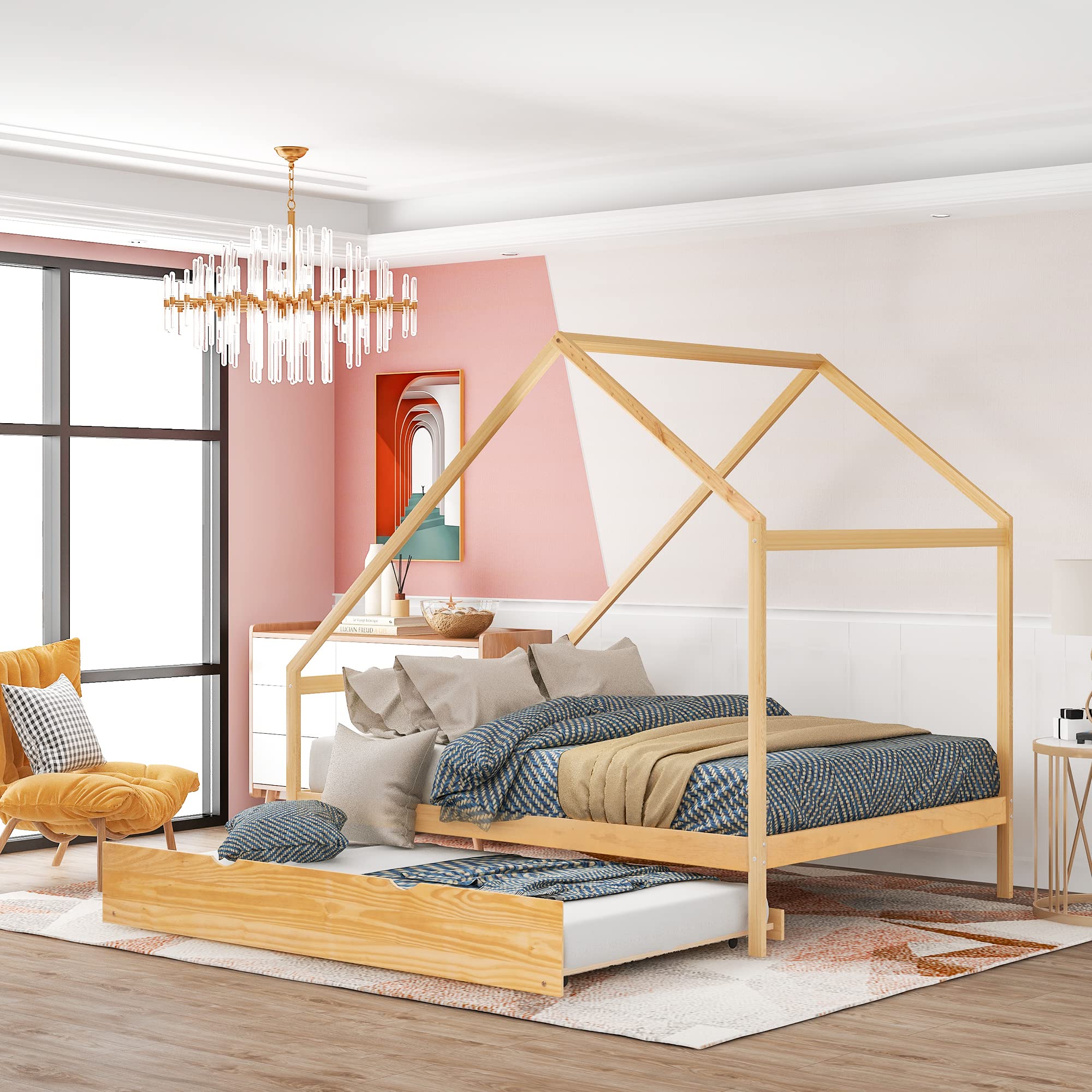 Harper & Bright Designs House Bed for Kids Full Storage Bed with Trundle, Wood Platform Bed Frame with Bookcase for Girls Boys (Full Size, White)