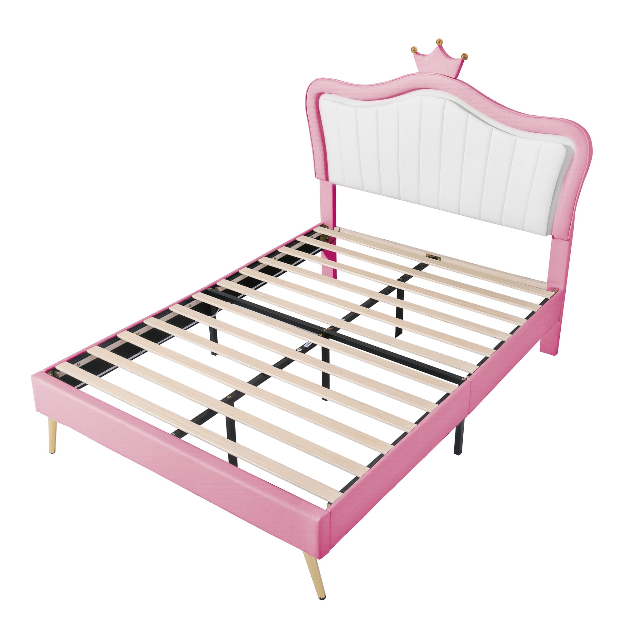 Harper & Bright Designs Full Size Princess Bed with Crown Headboard and LED Lights, PU Upholstered Full Platform Bed with Adjustable Headboard, Kids Full Size Bed Frame for Boys Girls (White+Pink)