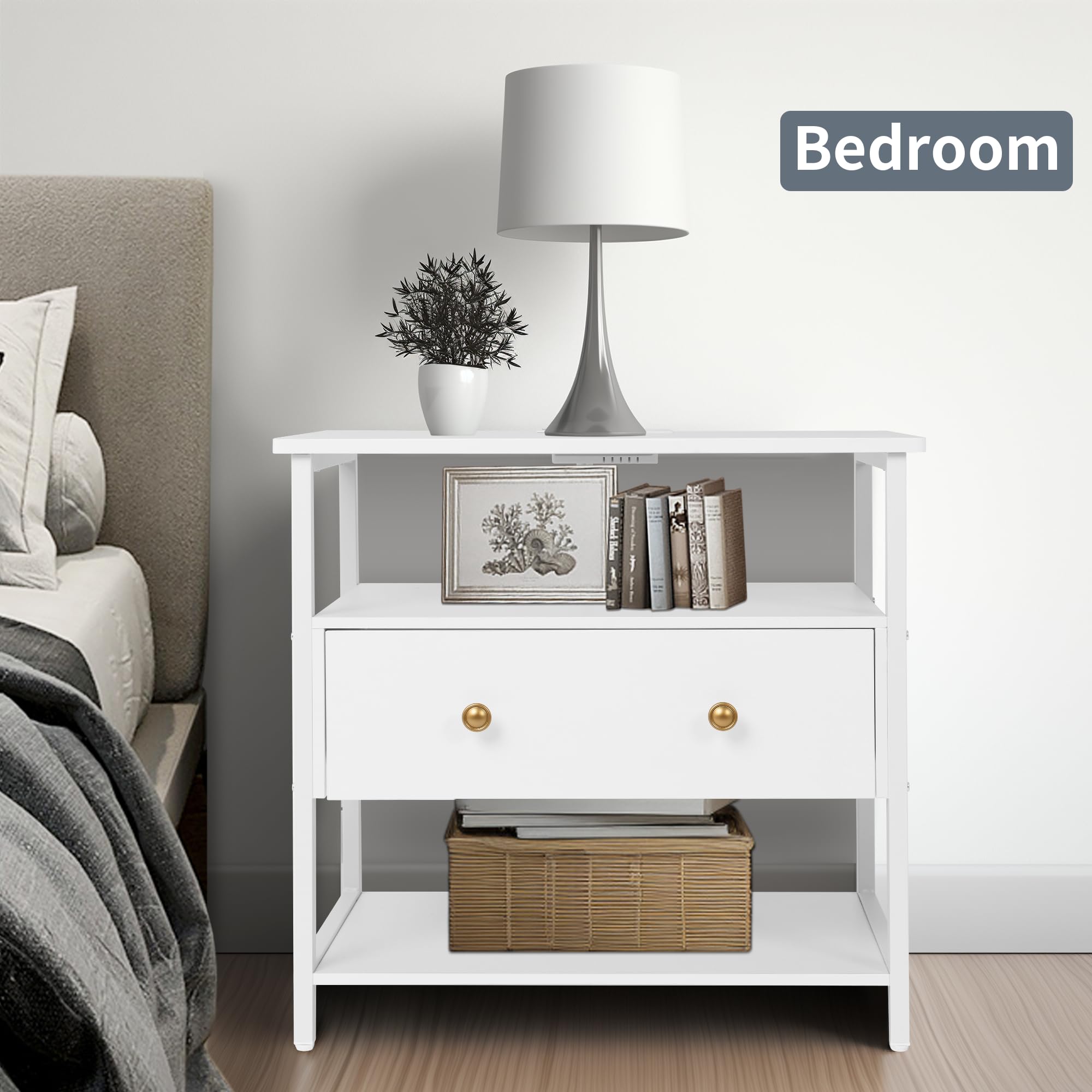 Edbuosy 2 Sets 27 inch Nightstand Side Table with 1 Layer of Wooden Drawers,Nightstand with Charging Station,End Table Bedside Table with USB Ports and Outlets